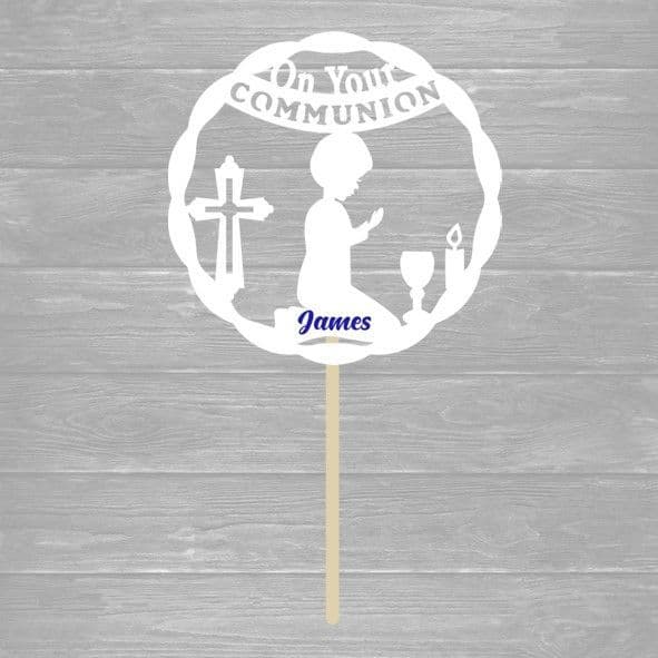 Intricate Cut Kneeling Boy Communion Cake Topper