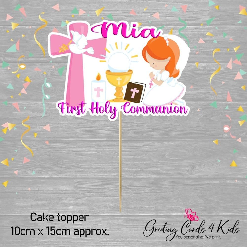 Kneeling Red Hair Girl Communion Cake Topper