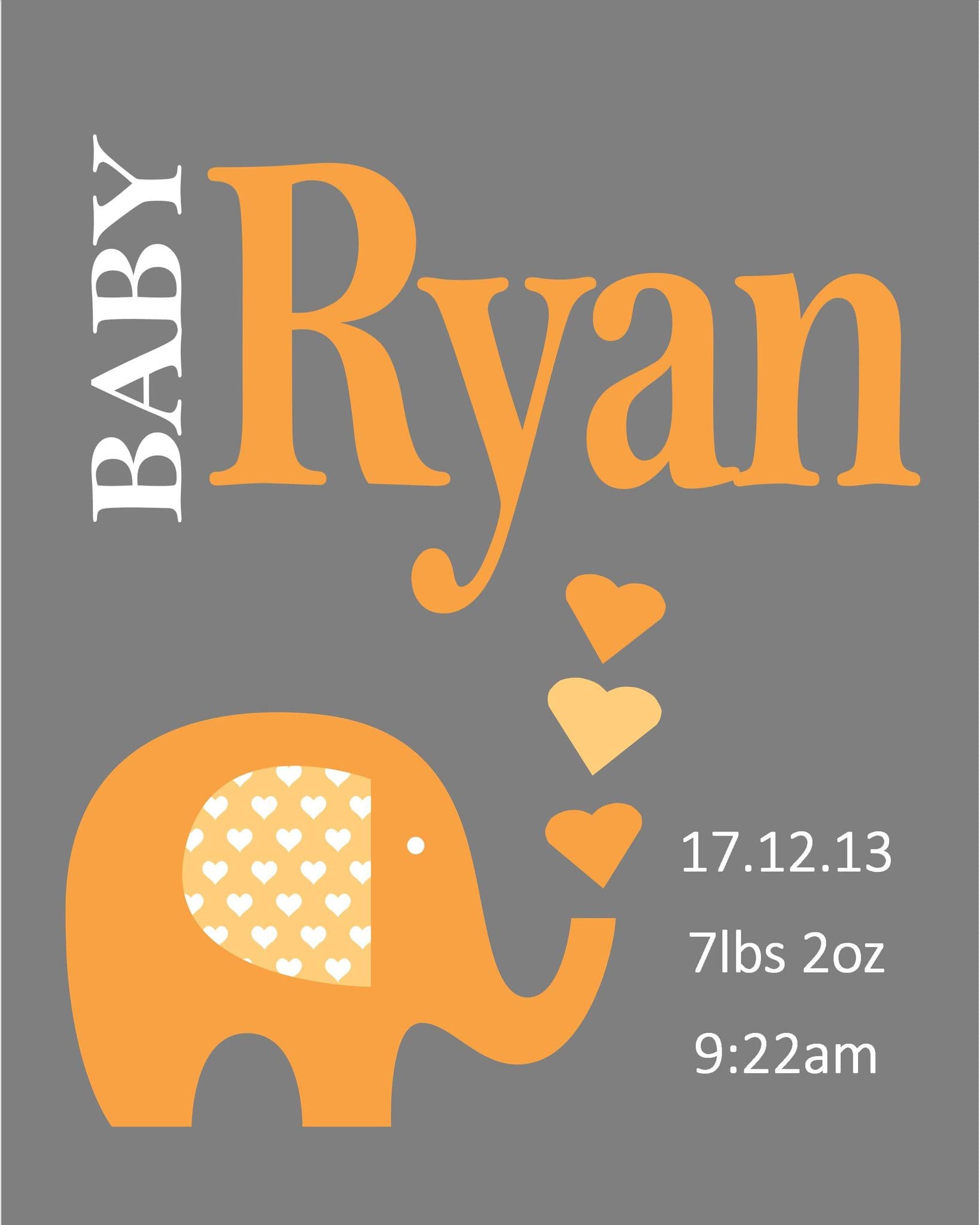 Personalised Baby Birth Statistics with Orange Elephant Print