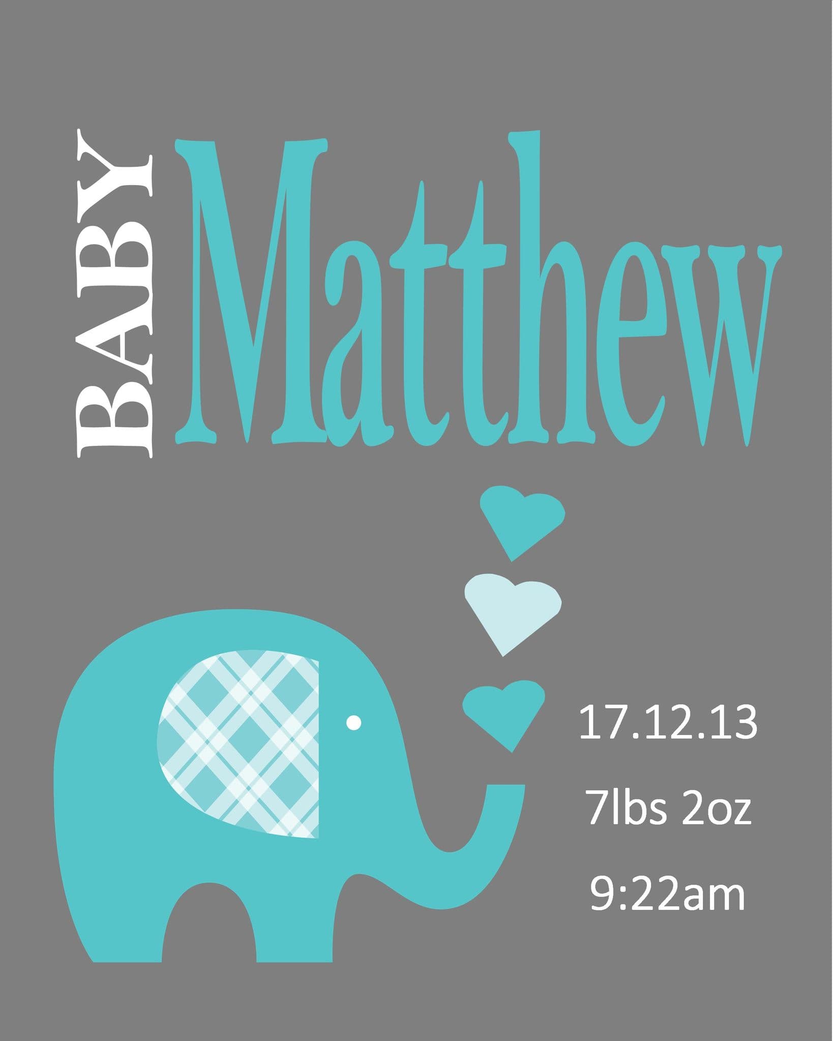 Personalised Baby Birth Statistics with Turquoise Elephant Print