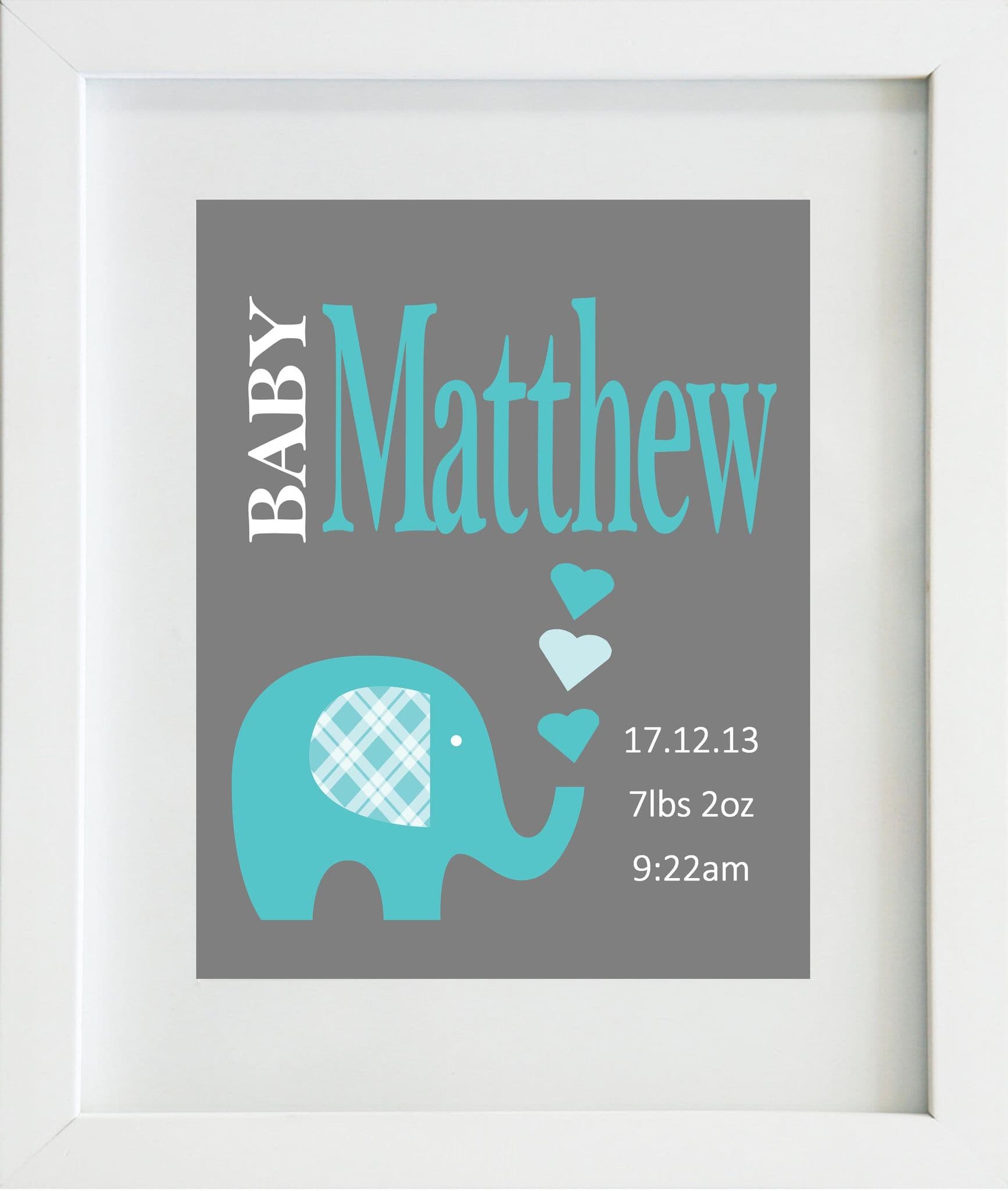 Personalised Baby Birth Statistics with Turquoise Elephant Print