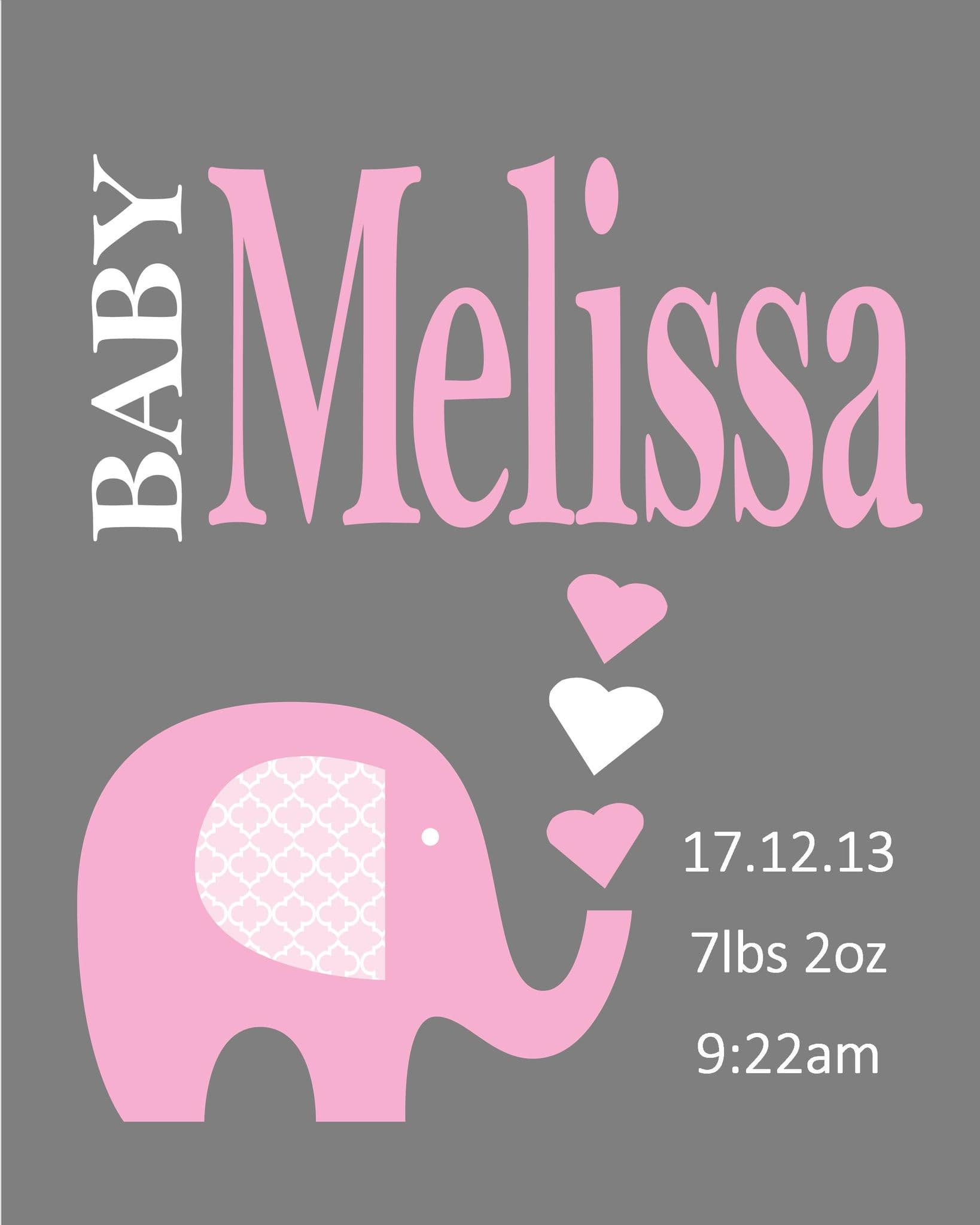 Personalised Baby Girl Birth Statistics with Pink Elephant Print