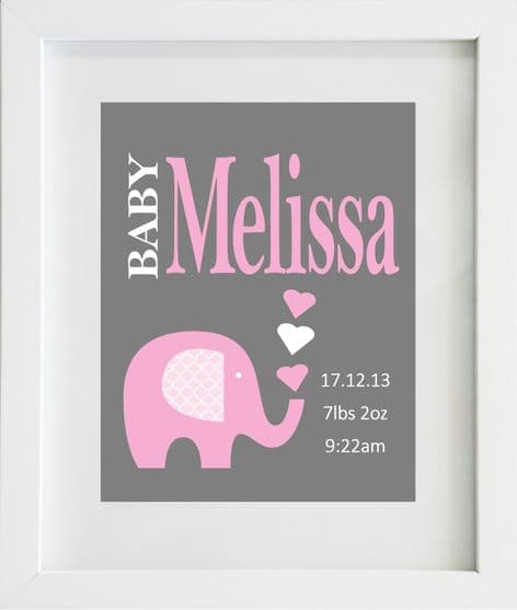 Personalised Baby Girl Birth Statistics with Pink Elephant Print