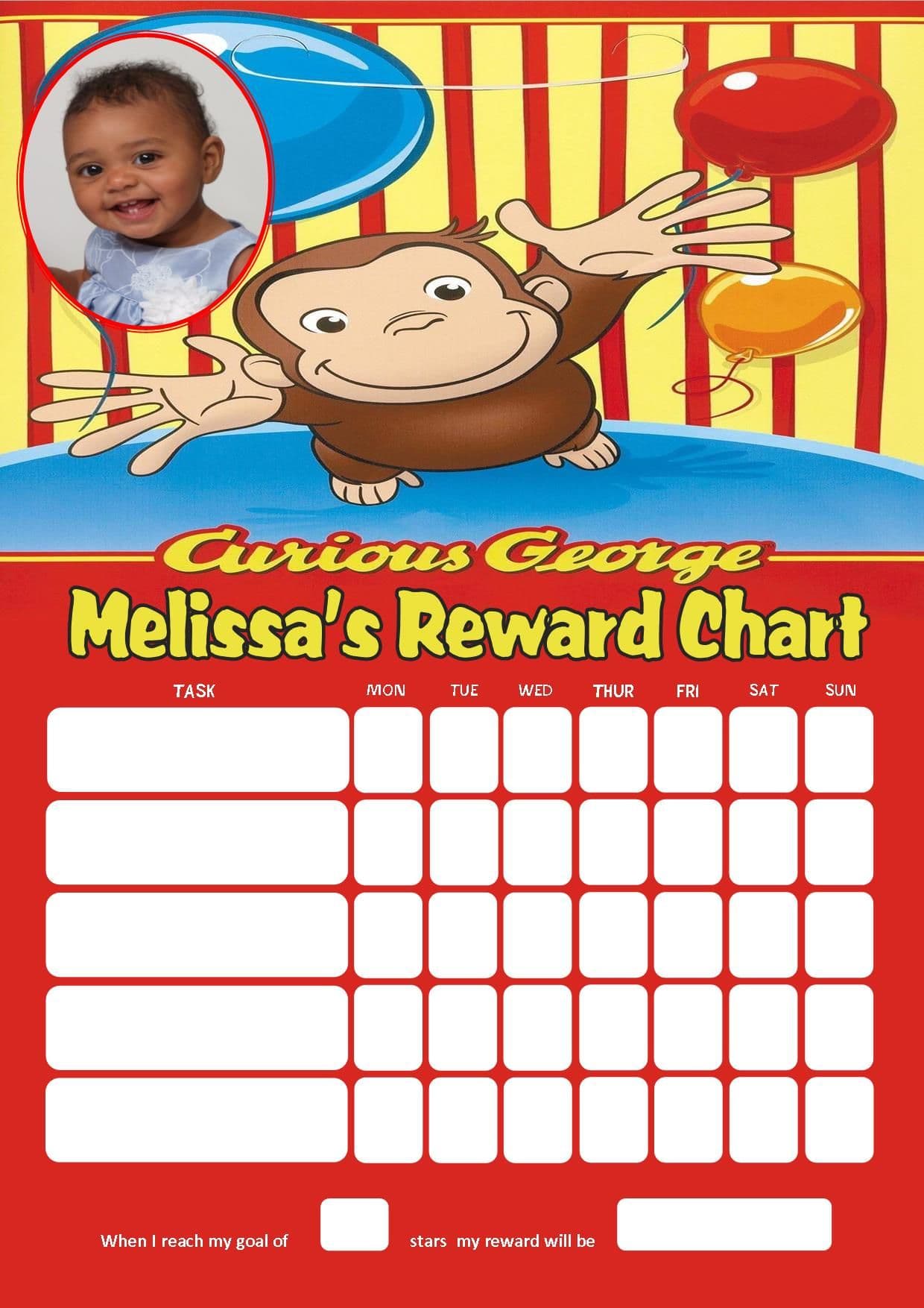 Personalised Curious George Reward Chart adding photo option available