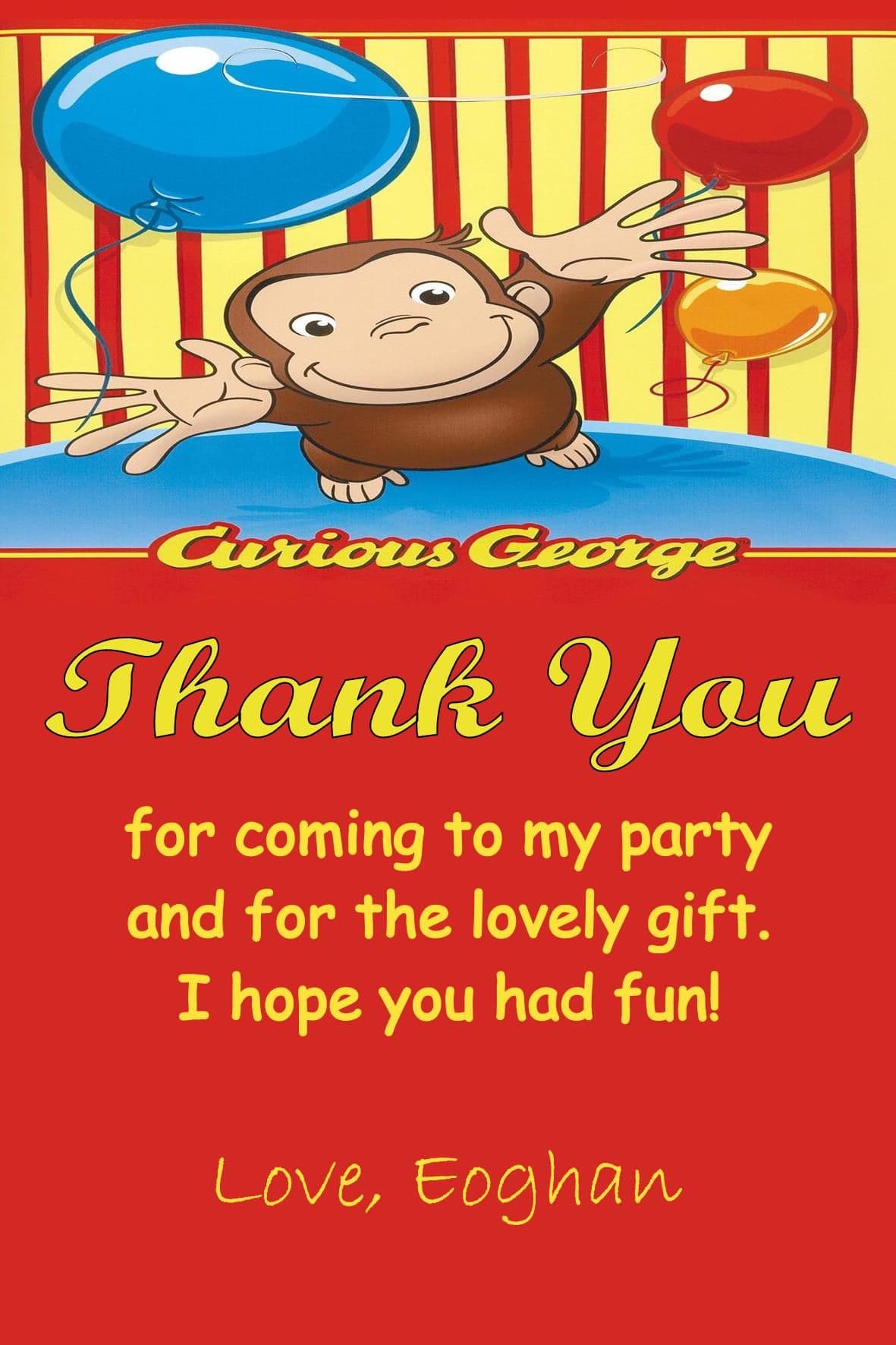 Personalised Curious George Thank You Card