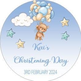 Personalised Edible Blue Teddy Balloons Christening Cake Topper