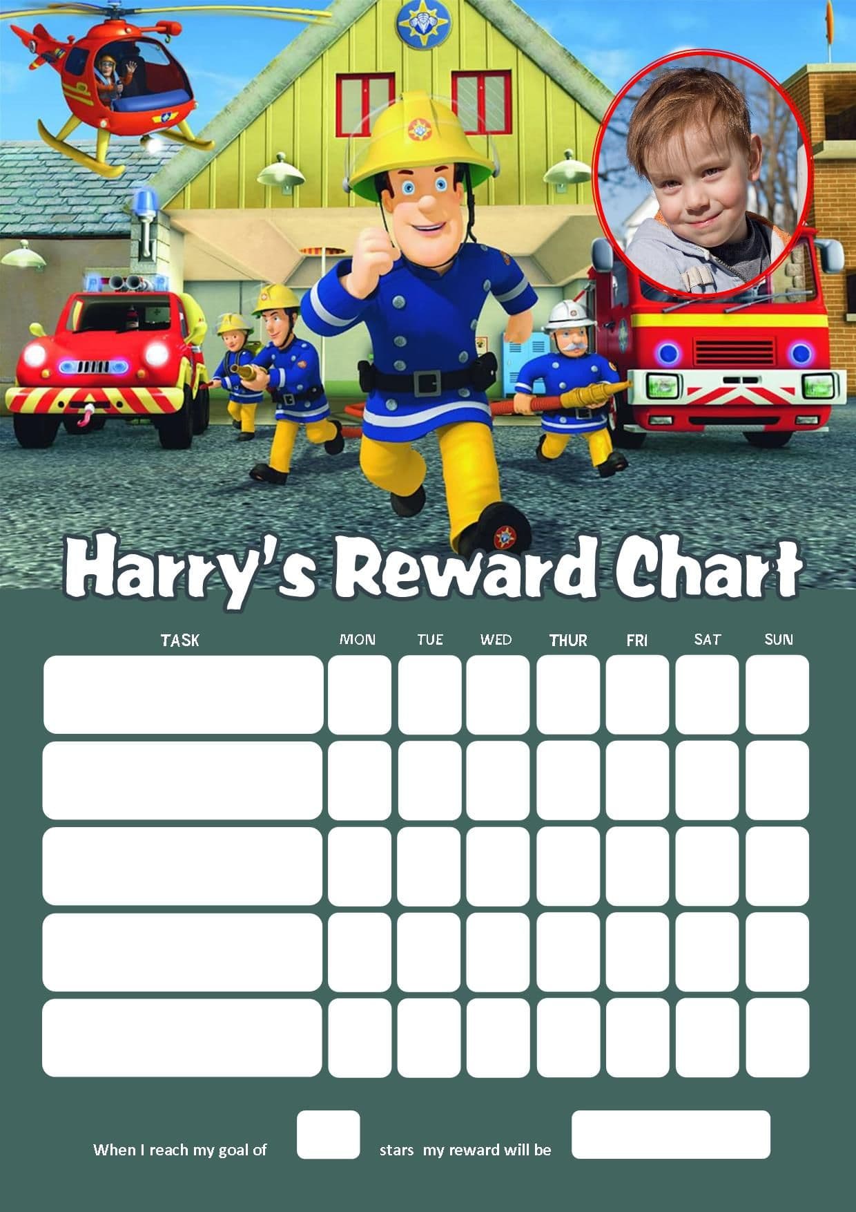 Personalised Fireman Sam Reward Chart adding photo option available