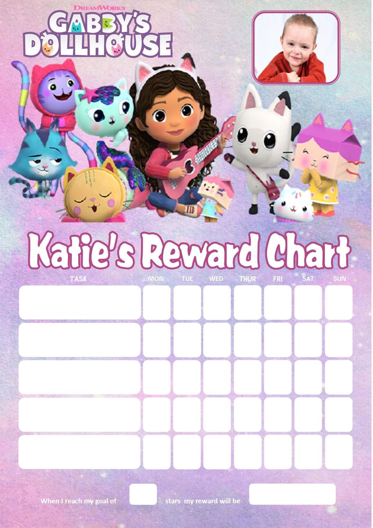 Personalised Gabby s Dollhouse Reward Chart adding photo option available