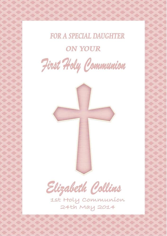 Personalised Girl Communion Card Pink Cross 1