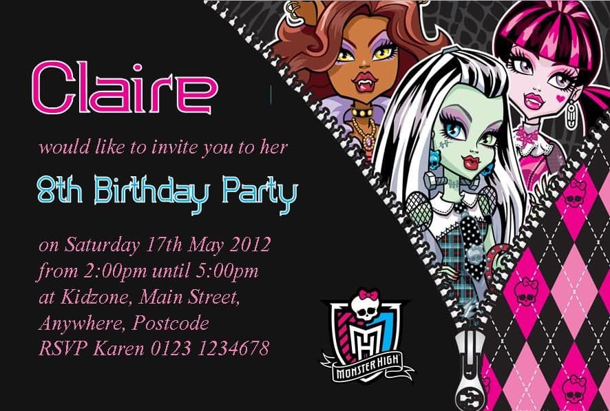 Personalised Monster High Invitations Design 1