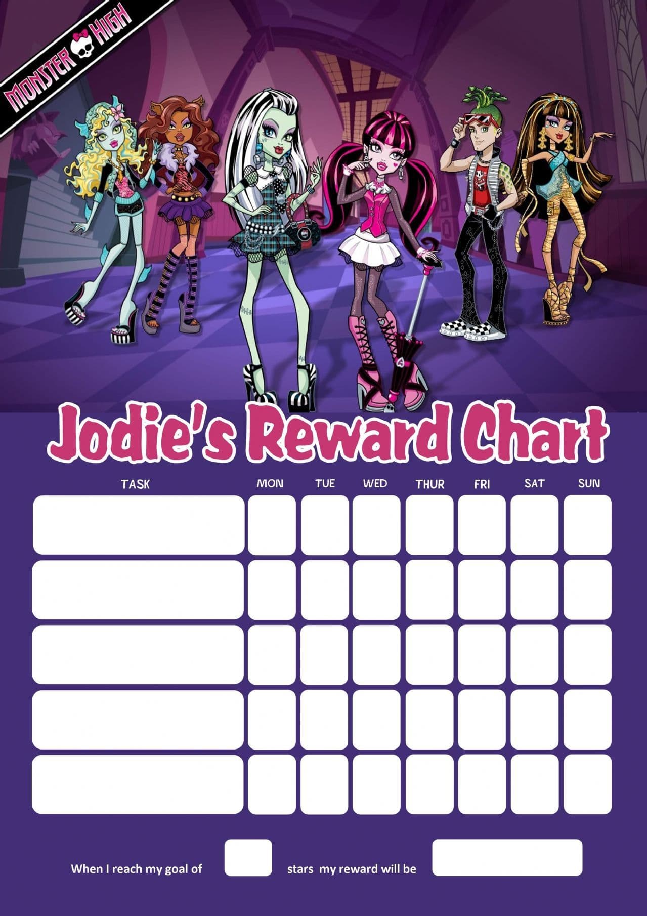 Personalised Monster High Reward Chart adding photo option available
