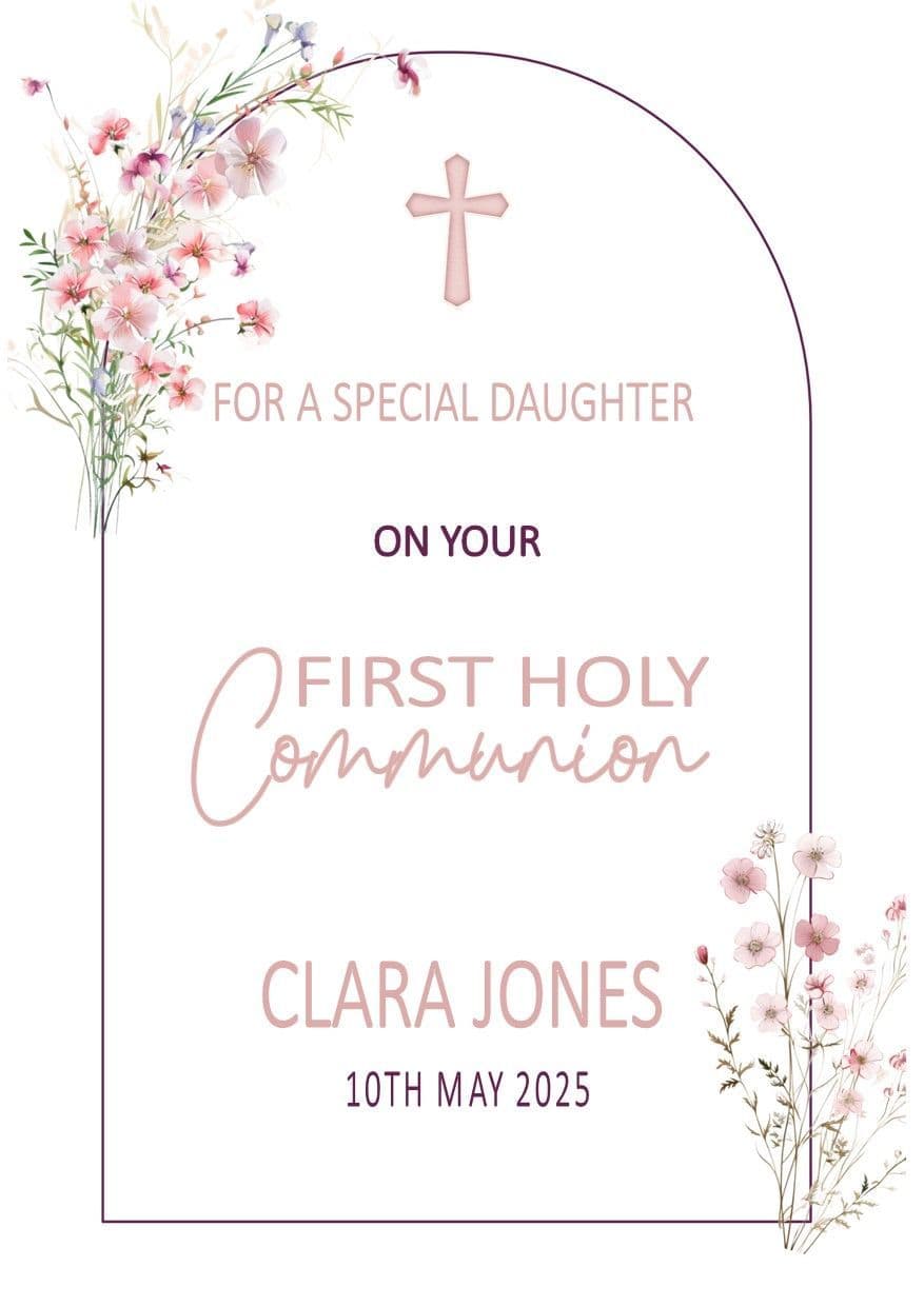 Personalised Pink Flowers Arch Communion Card