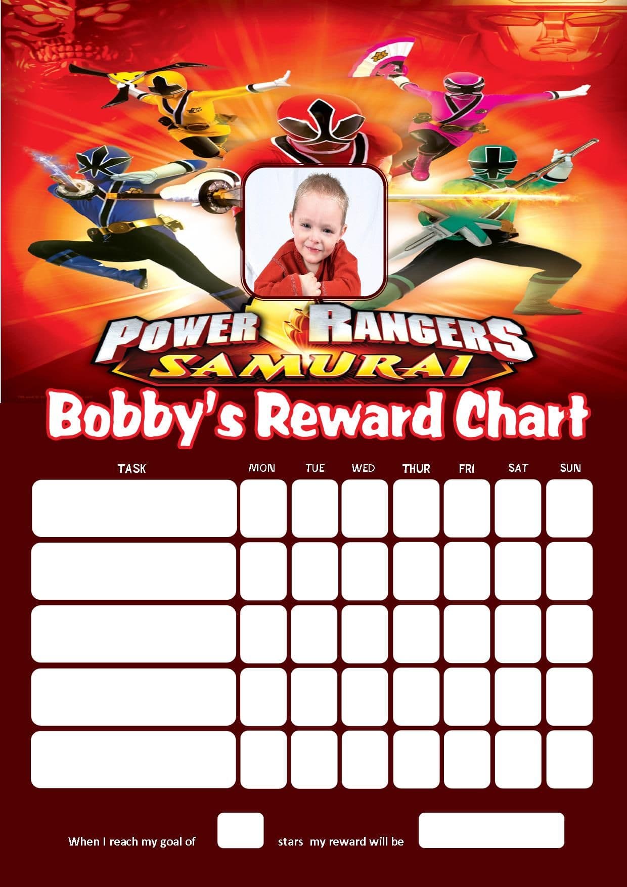 Personalised Power Rangers Reward Chart adding photo option available