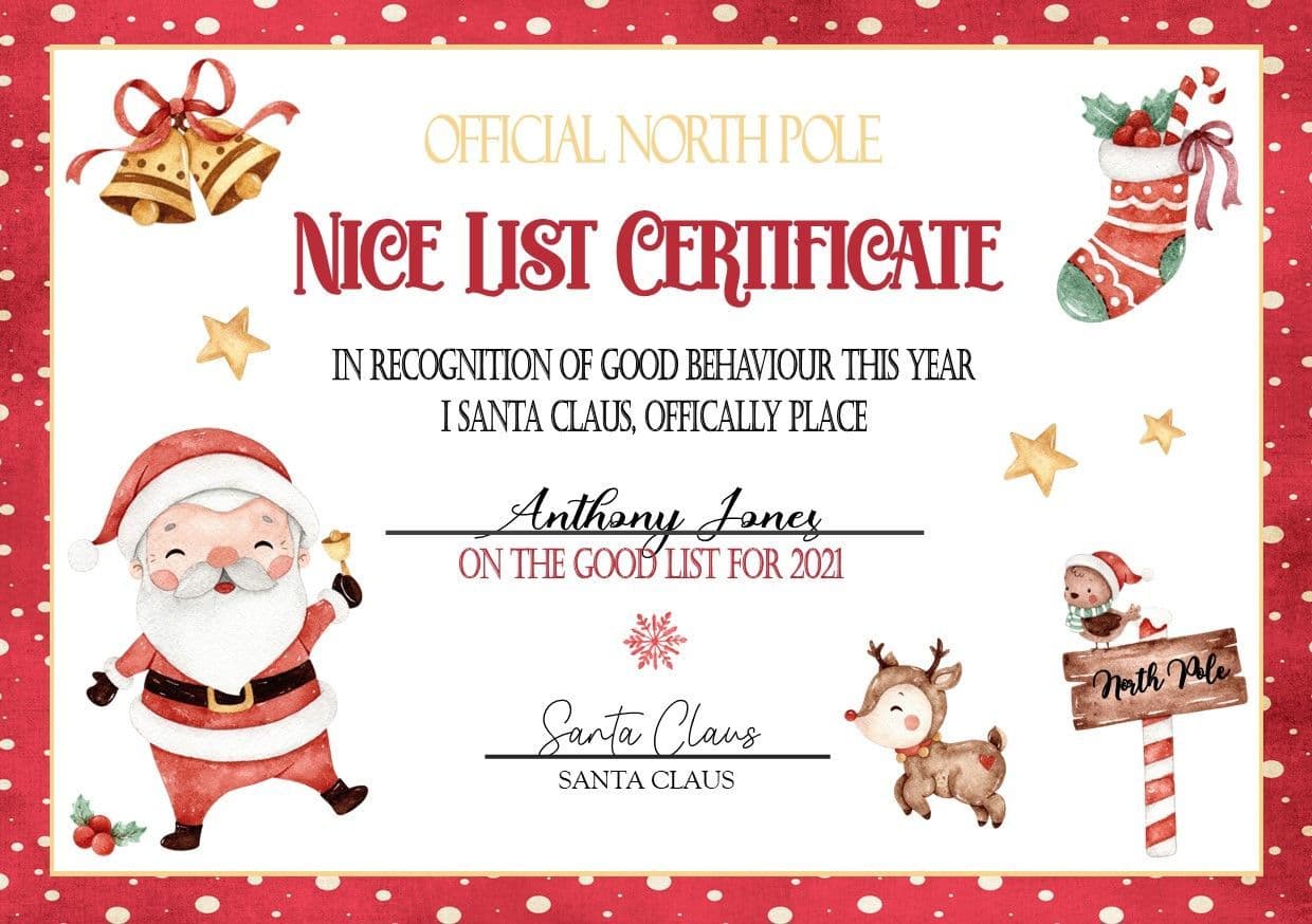 Personalised Santa s Nice List Certificate ONLY