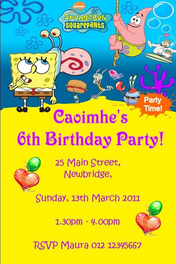 Personalised Spongebob Squarepants Invitation Design 3