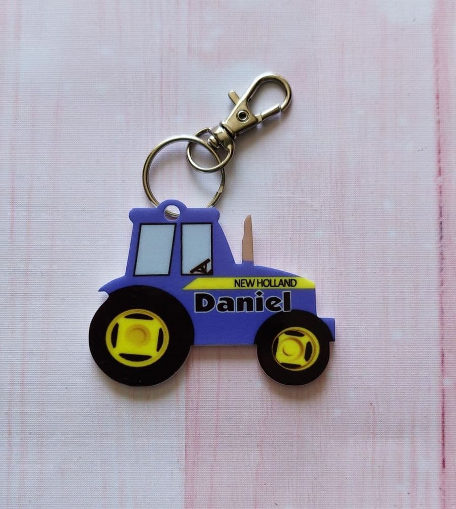 Personalised Tractor BLUE Keyring School Bag Name Tag