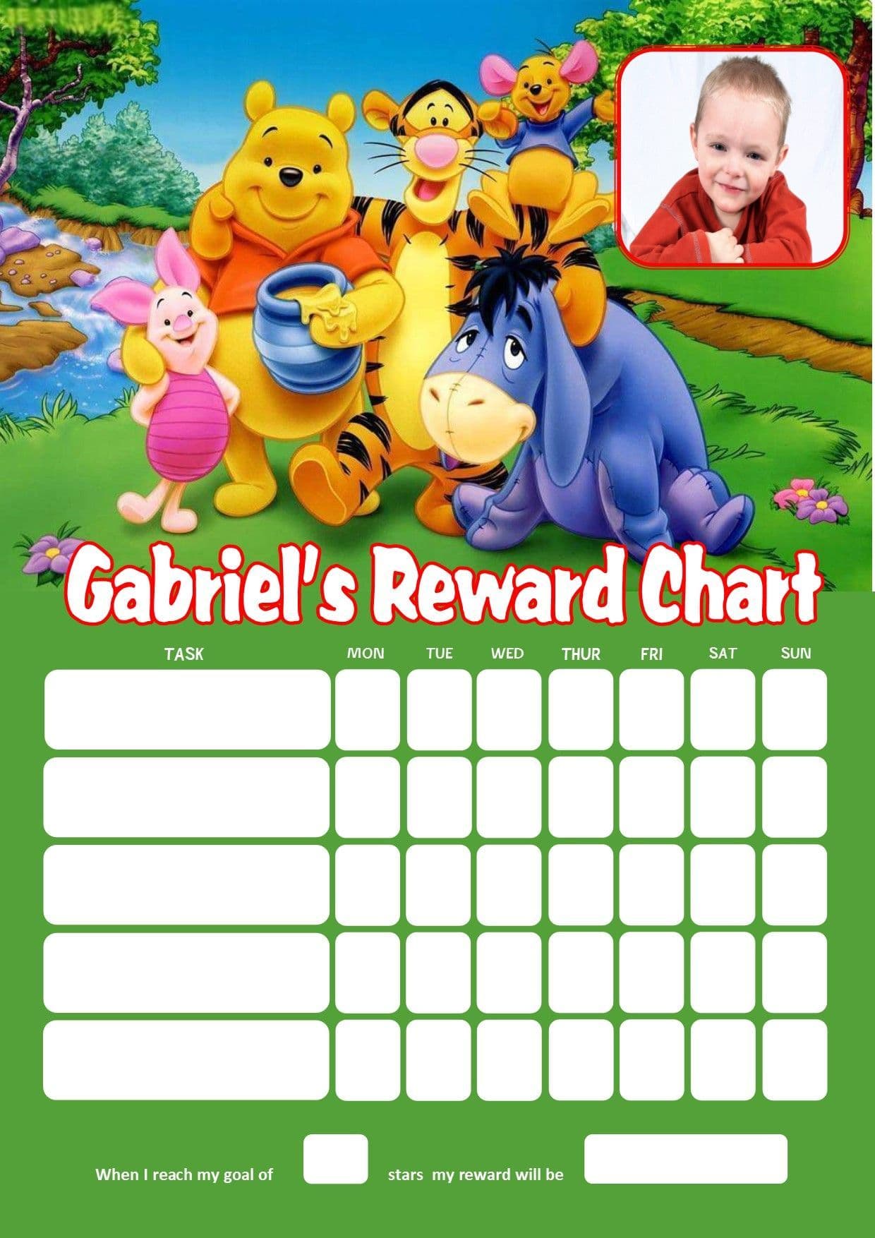 Personalised Winnie the Pooh Reward Chart adding photo option available