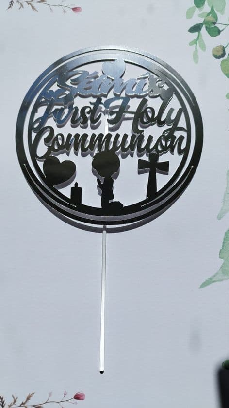 Silver Mirror Name & Kneeling Communion Girl or Boy Cake Topper