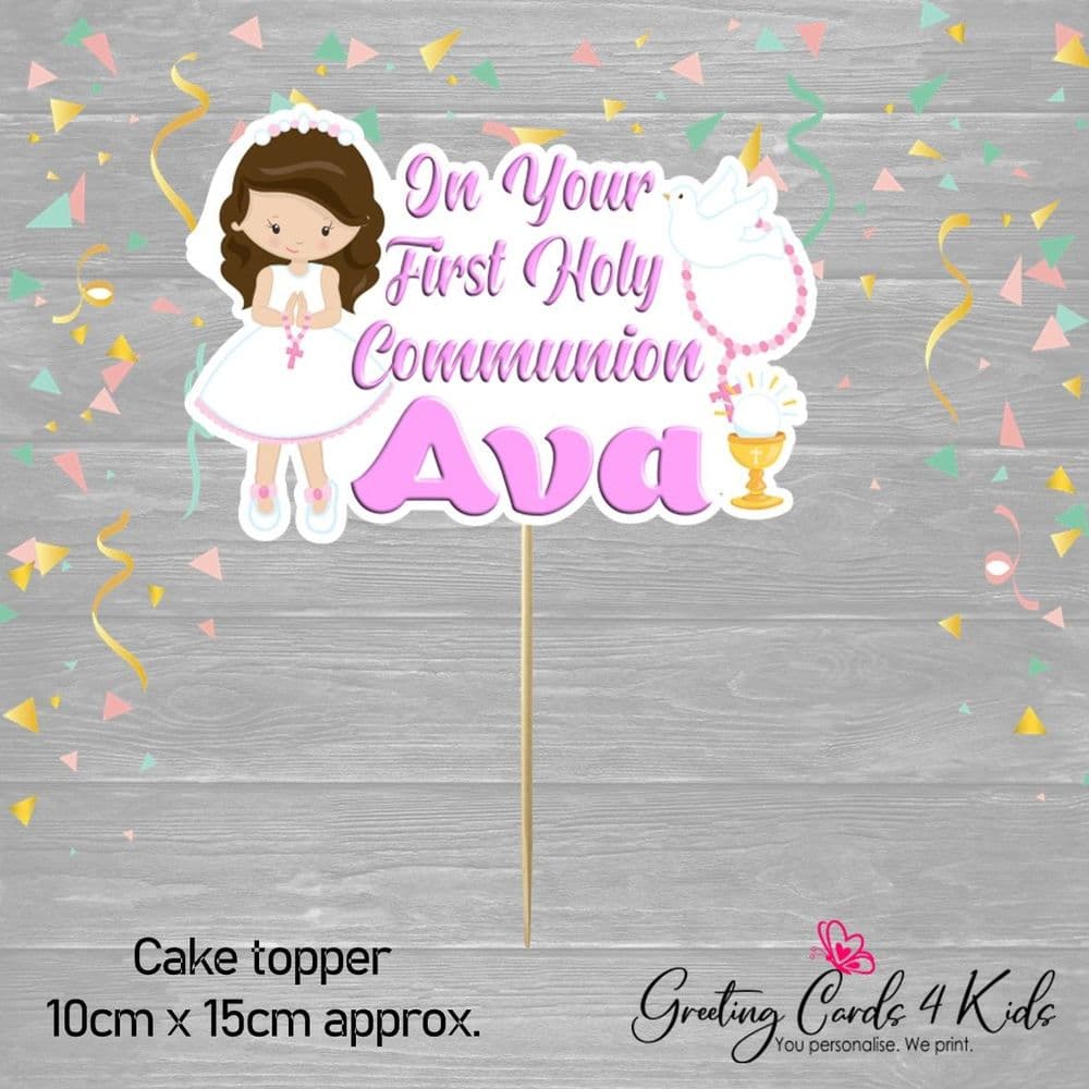 Standing Brown Hair Girl Communion Cake Topper