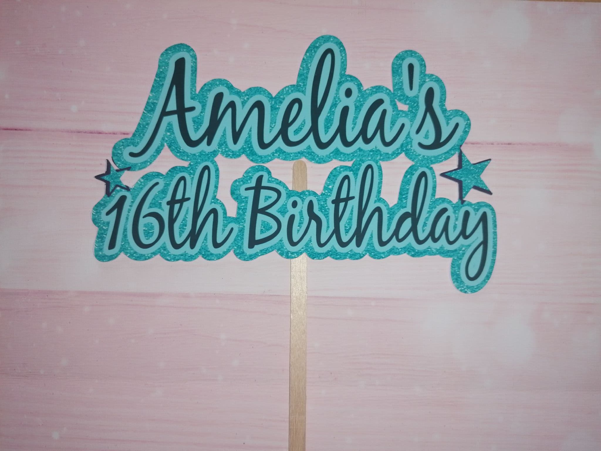 Turquoise Theme Name & Age Text Birthday Cake Topper