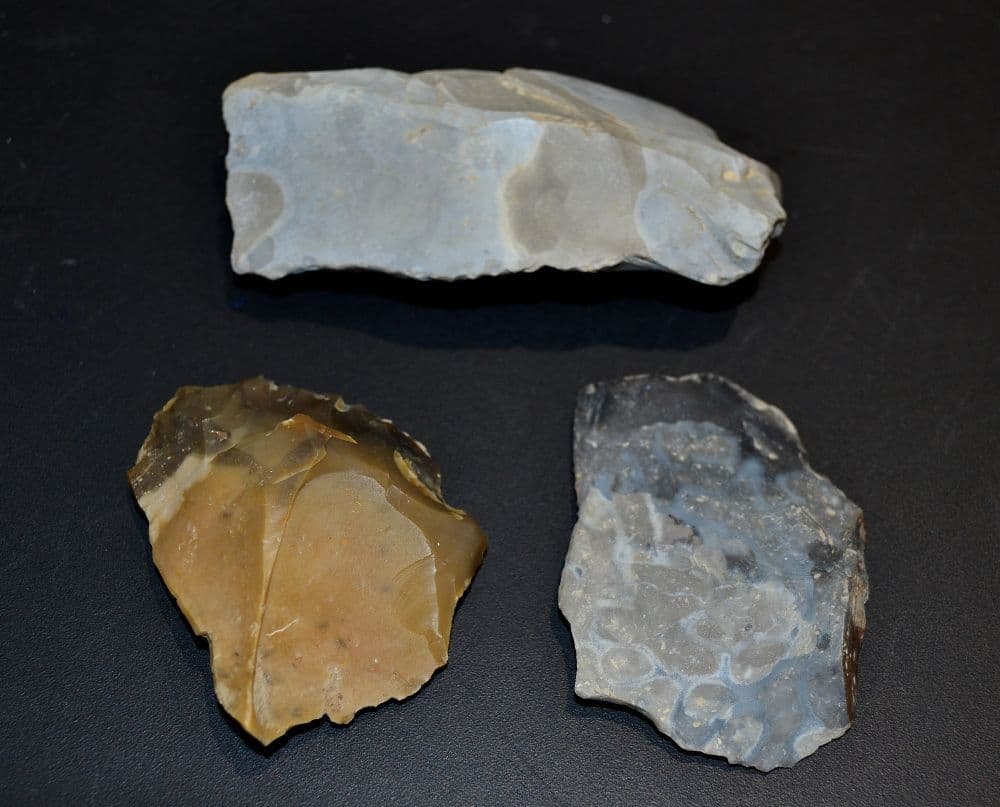 A group of 3 x Lower Paleolithic " flint flake tools & flake core ...