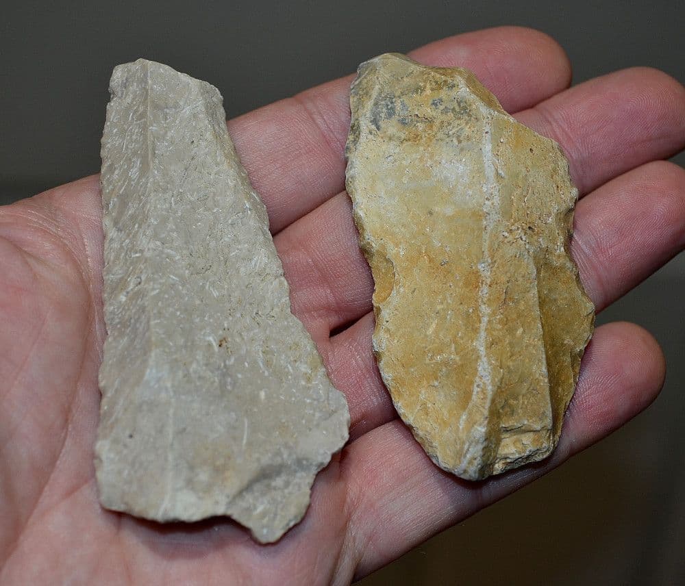 A pair of good sized Paleolithic Neanderthal flint flake knife tools ...