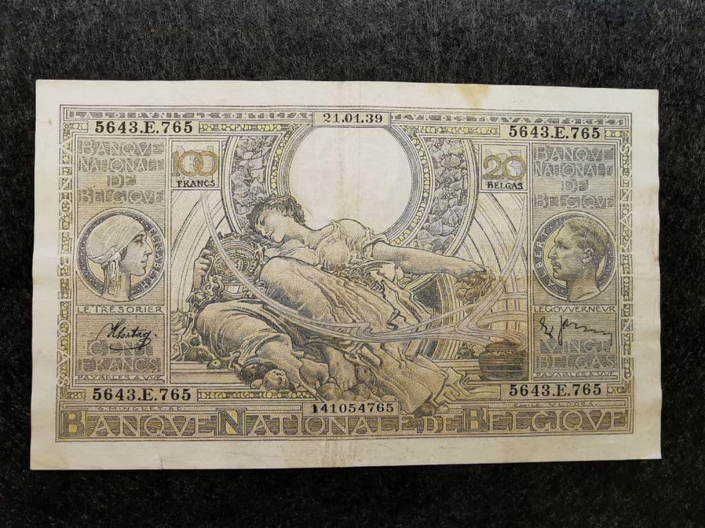 Belgium 100 Francs/20 Belgas 1939 French VG BKN1044