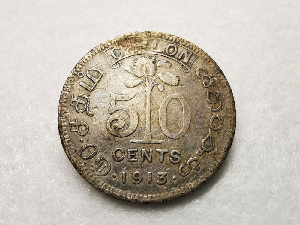 Ceylon Silver 800 50 Cents 1913 Scarce Damaged Fair CS5970