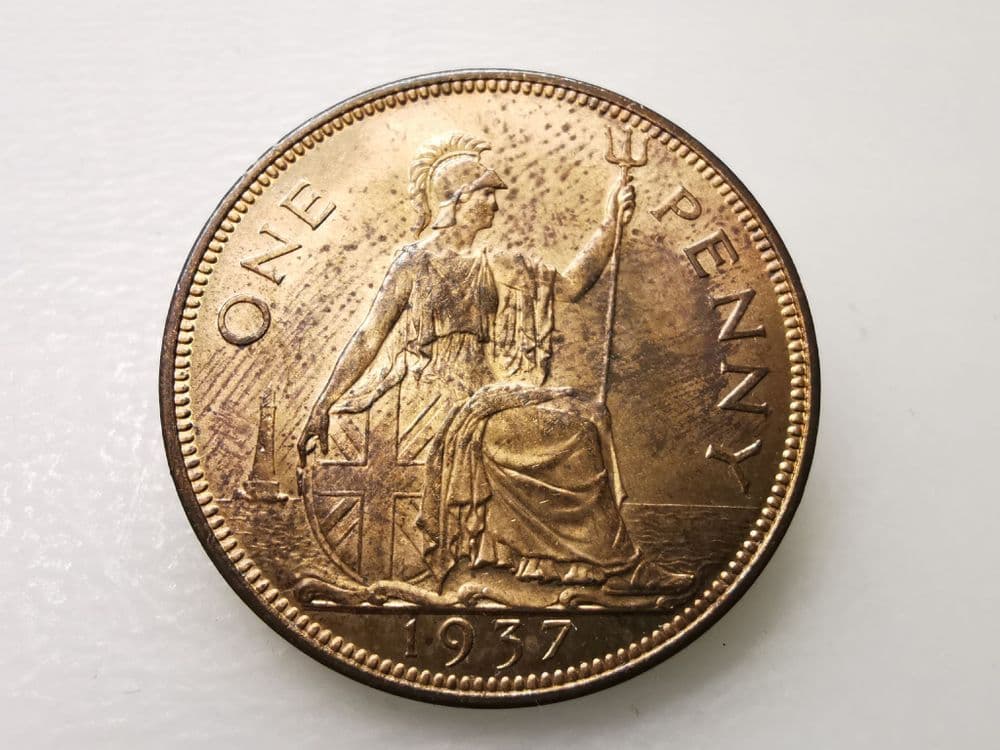 George VI One Penny 1937 AUNC Fingerprints CS4973