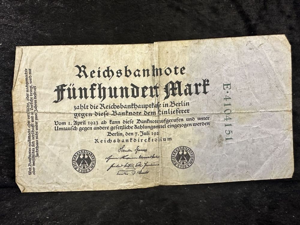 Germany 500 Mark 1922 Green Serial 7 Digit Poor BN517