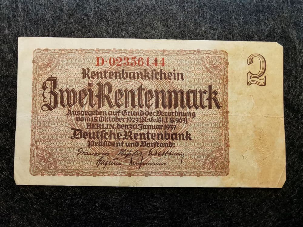 Germany Two Rentenmark 1937 8 Digit Serial VG BKN838