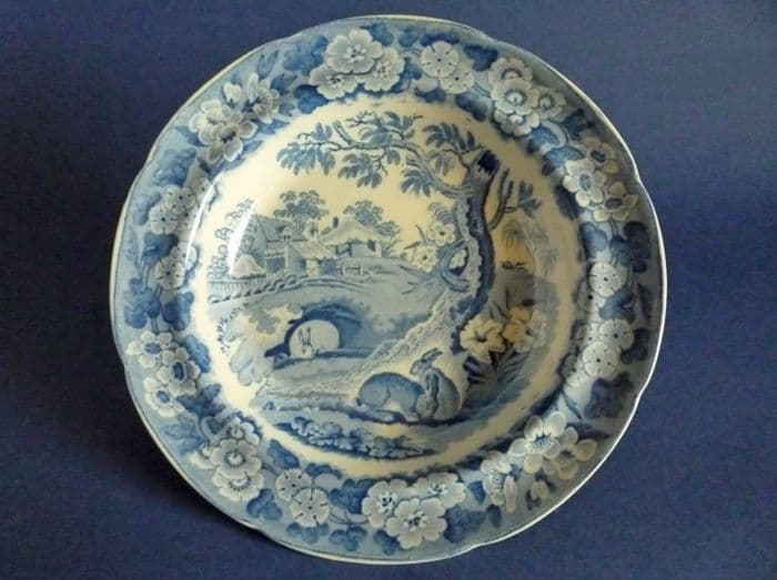 Grazing Rabbits Pearlware Soup Plate c1820 1 Sold