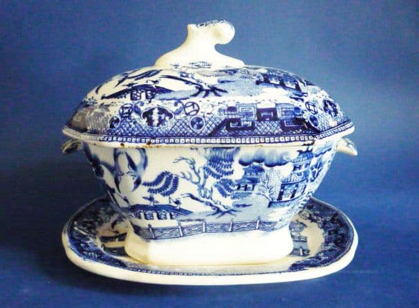 Antique Staffordshire Willow Pattern Sauce Tureen & Stand c1850