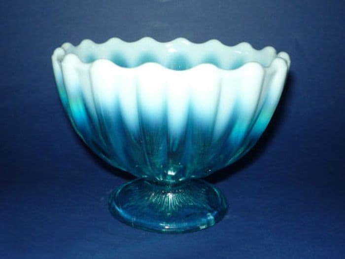 Davidson s Blue Pearline Glass Brideshead Footed Bowl c1890