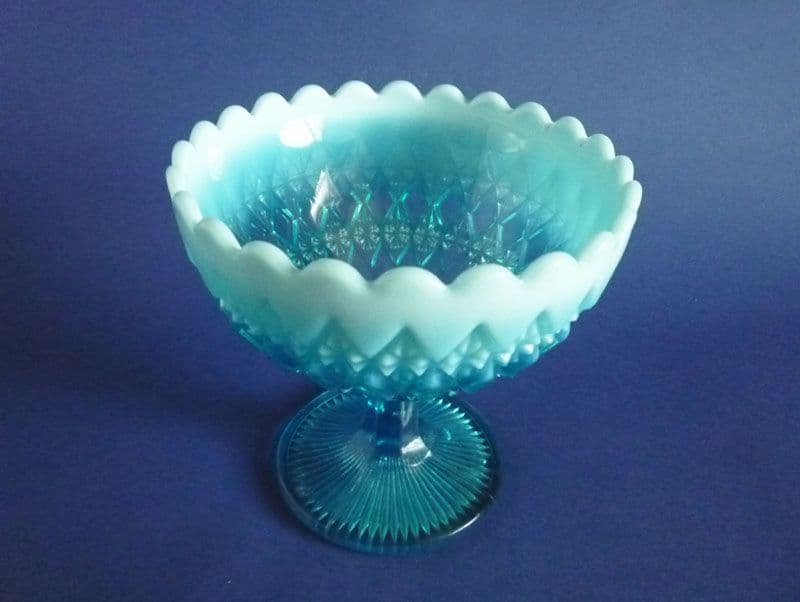 Davidson s Blue Pearline Glass Prince William Pedestal Bowl c1895