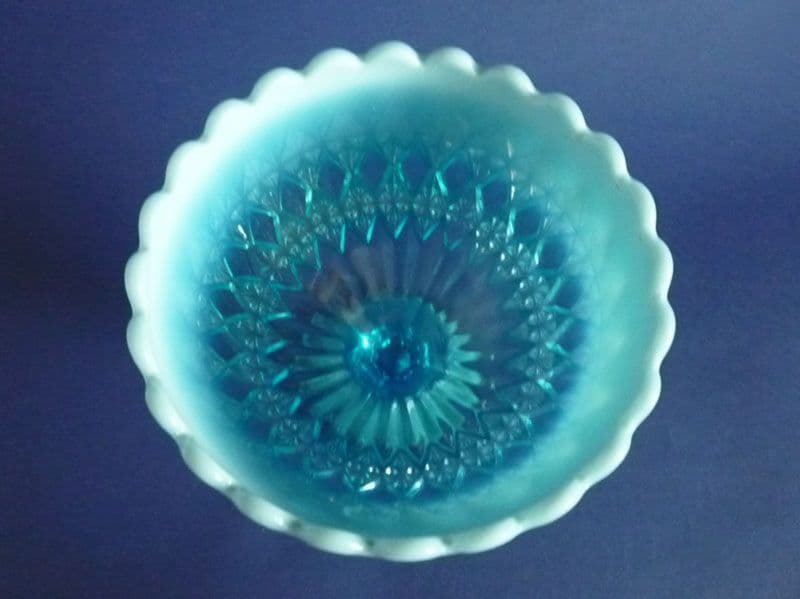 Davidson s Blue Pearline Glass Prince William Pedestal Bowl c1895