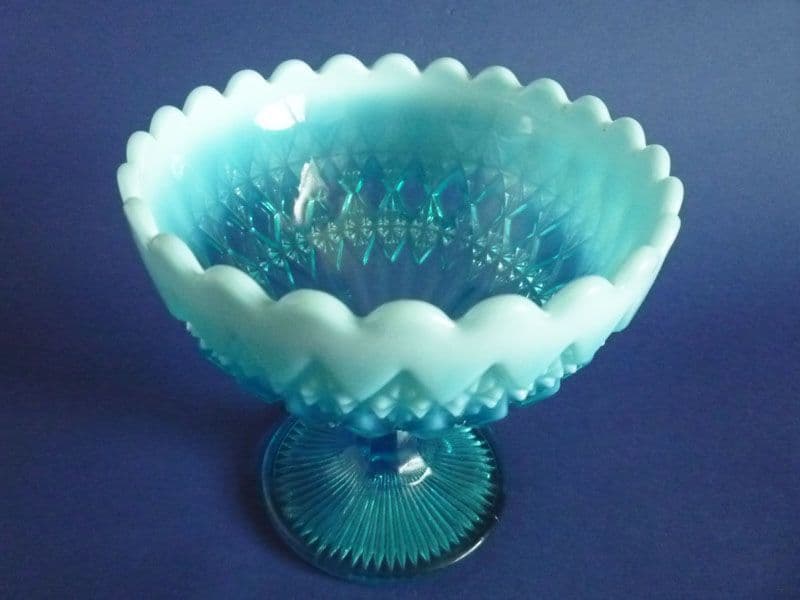 Davidson s Blue Pearline Glass Prince William Pedestal Bowl c1895