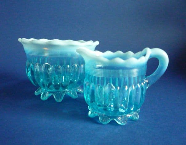 Davidson s Blue Pearline Lady Caroline Glass Cream Jug and Sugar Bowl ...