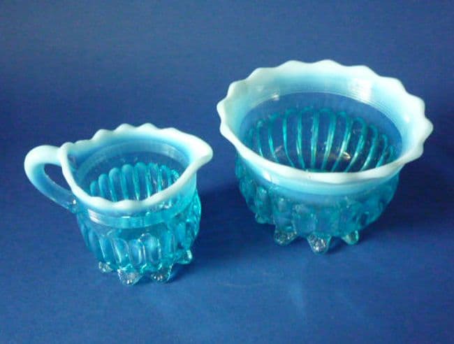 Davidson s Blue Pearline Lady Caroline Glass Cream Jug and Sugar Bowl ...