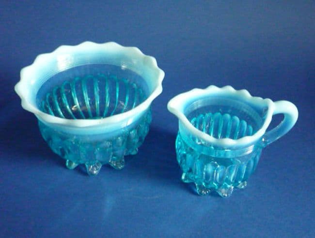 Davidson s Blue Pearline Lady Caroline Glass Cream Jug and Sugar Bowl ...
