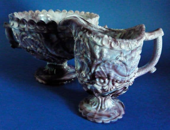 Davidson s Purple Malachite Slag Glass Shell and Coral Jug & Bowl c1880