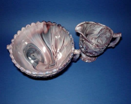 Davidson s Purple Malachite Slag Glass Shell and Coral Jug & Bowl c1880