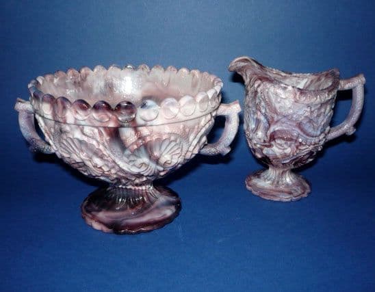 Davidson s Purple Malachite Slag Glass Shell and Coral Jug & Bowl c1880