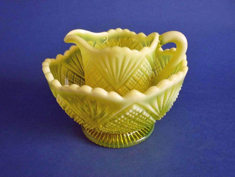 Davidson s Yellow Pearline Glass Lords and Ladies Jug and Basin c1896 Sold