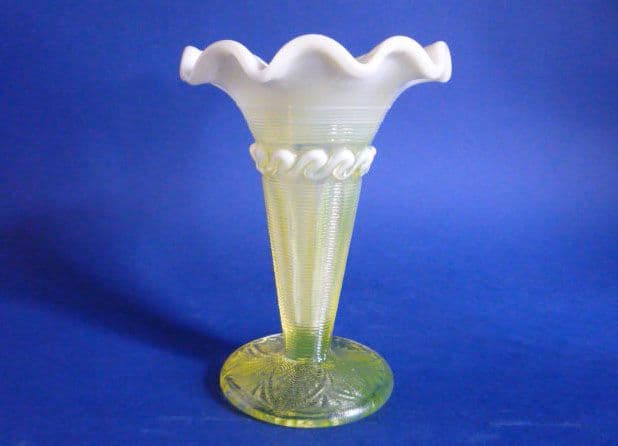 Davidson s Yellow Pearline Glass Ringed & Wave Band Trumpet Vase c1890 Sold