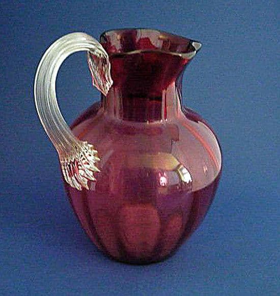 Fine Antique Victorian Ribbed Cranberry Glass Jug c1880