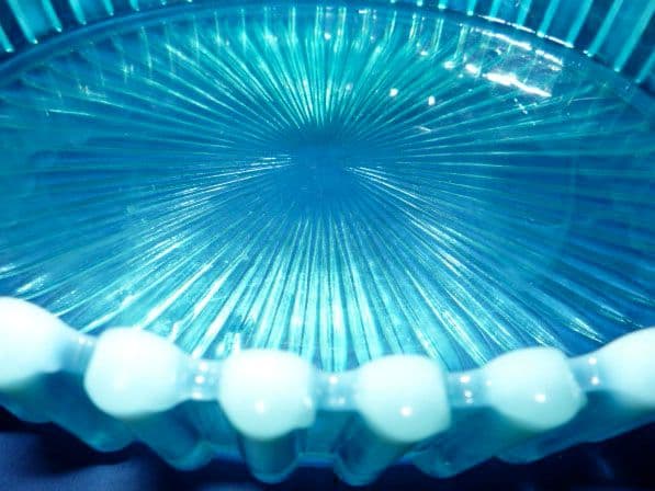 Greener Blue Opalescent Pearline Glass Bridesmaid Oval Dish c1890