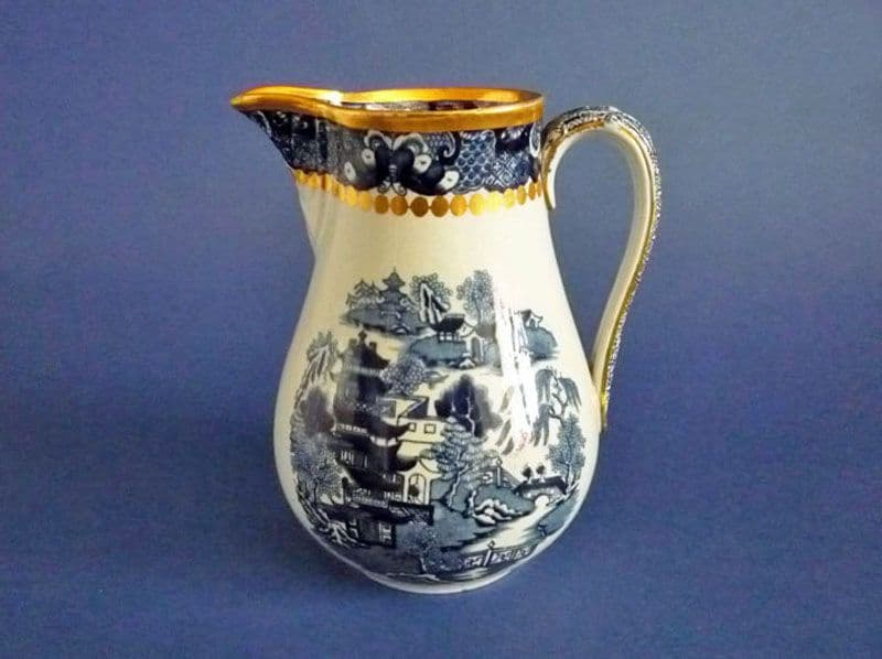 Large Davenport Stone China Two Temples Willow Pattern Jug c1830 Sold