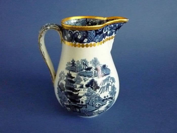 Large Davenport Stone China Two Temples Willow Pattern Jug c1830 Sold
