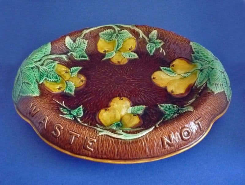 Majolica Apples and Pears Waste Not Want Not Bread Platter c1870